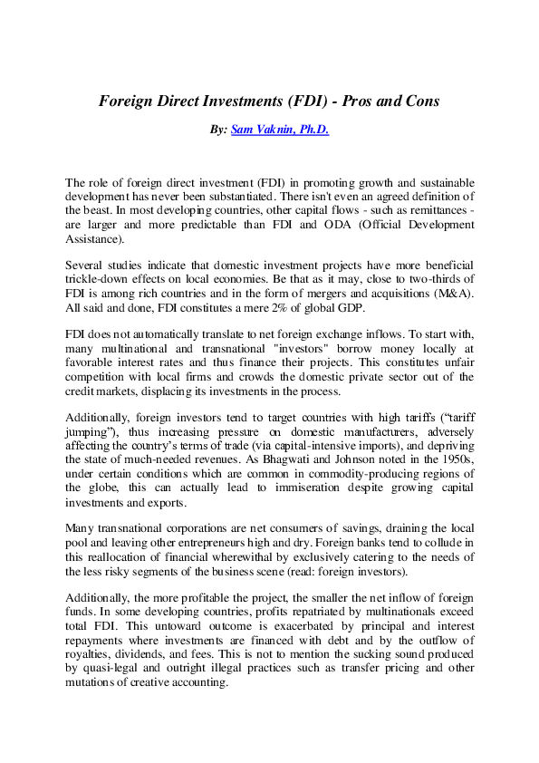 (PDF) Foreign Direct Investments (FDI) - Pros and Cons