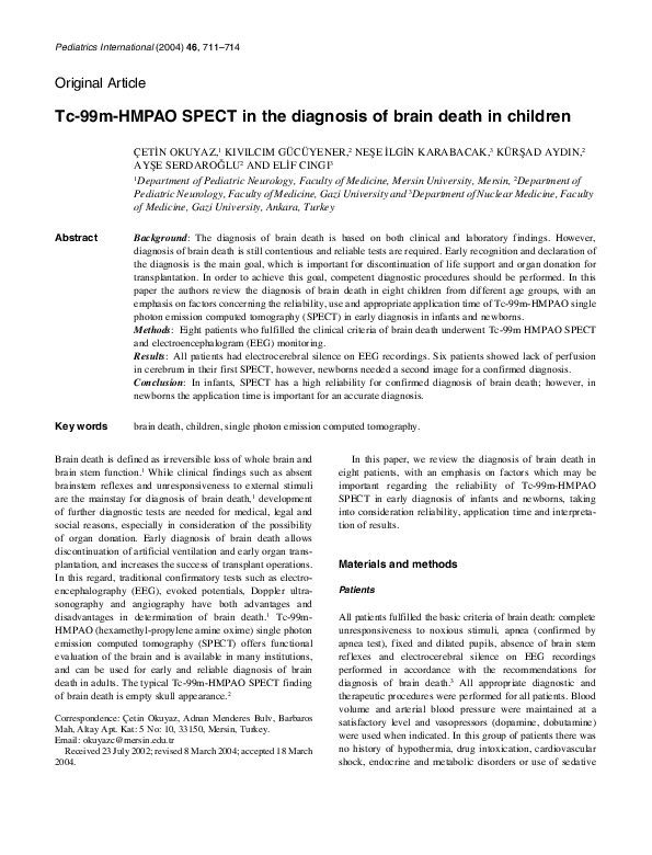 (PDF) Tc-99m-HMPAO SPECT in the diagnosis of brain death in children