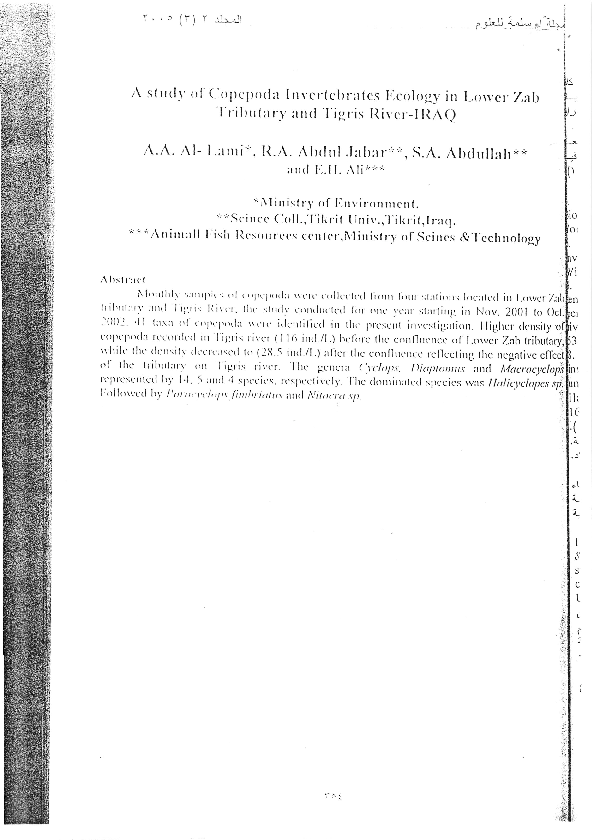 (PDF) A Study of Copepoda invertebrates Ecology in Lower Zab tributary ...