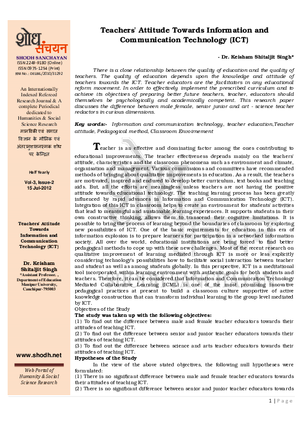 (PDF) Teachers' Attitude Towards Information and Communication Technology (ICT) Teachers ...