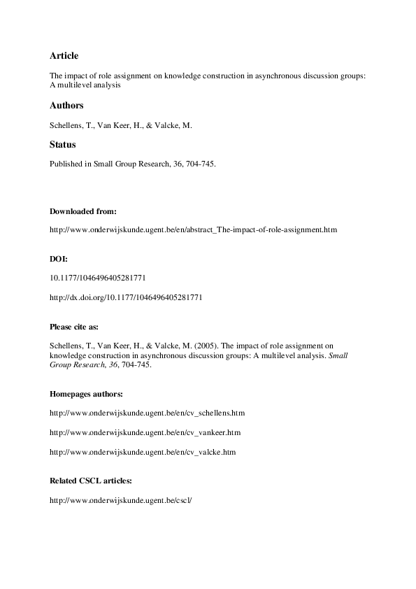 (PDF) The impact of role assignment as scripting tool on knowledge construction in asynchronous ...