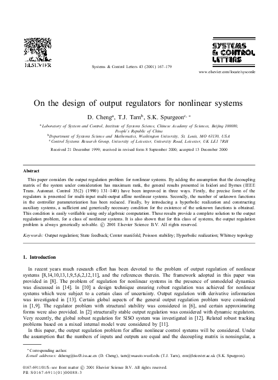 Pdf On The Design Of Output Regulators For Nonlinear Systems