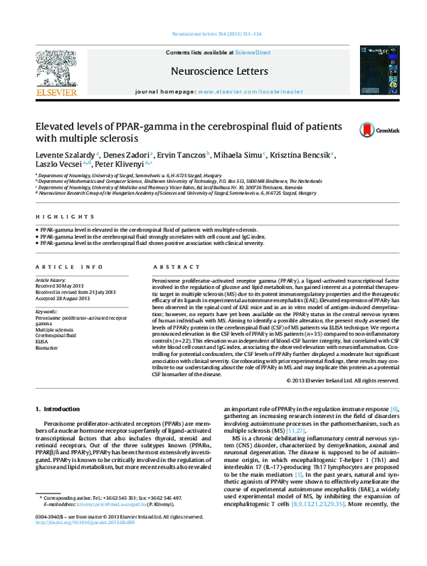 (PDF) Elevated levels of PPAR-gamma in the cerebrospinal fluid of patients with multiple sclerosis
