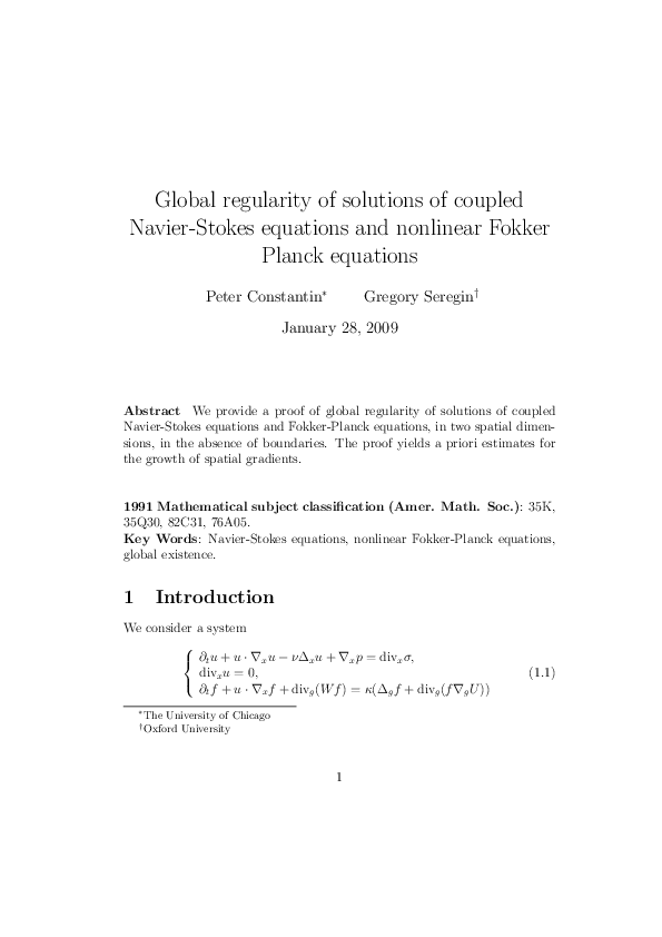 Pdf Global Regularity Of Solutions Of Coupled Navier Stokes Equations And Nonlinear Fokker