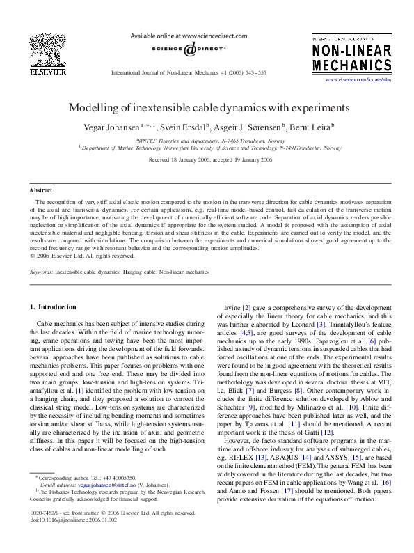 (PDF) Modelling of inextensible cable dynamics with experiments