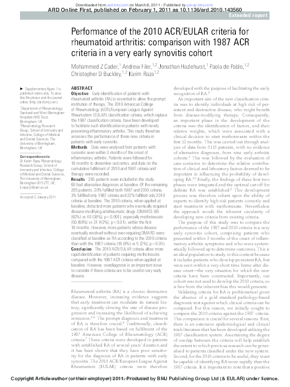 (PDF) Performance of the 2010 ACR/EULAR criteria for rheumatoid ...