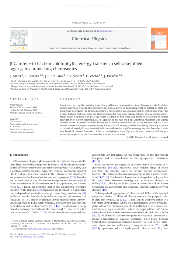(PDF) β-Carotene to bacteriochlorophyll c energy transfer in self ...
