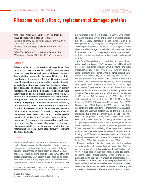 (PDF) Ribosome reactivation by replacement of damaged proteins