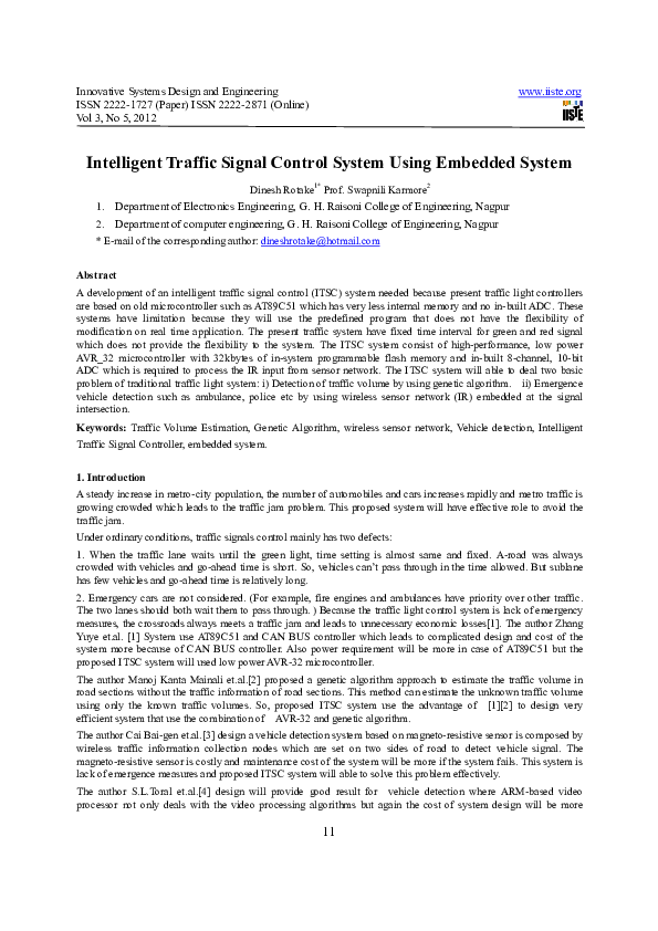 (PDF) Intelligent Traffic Signal Control System Using Embedded System