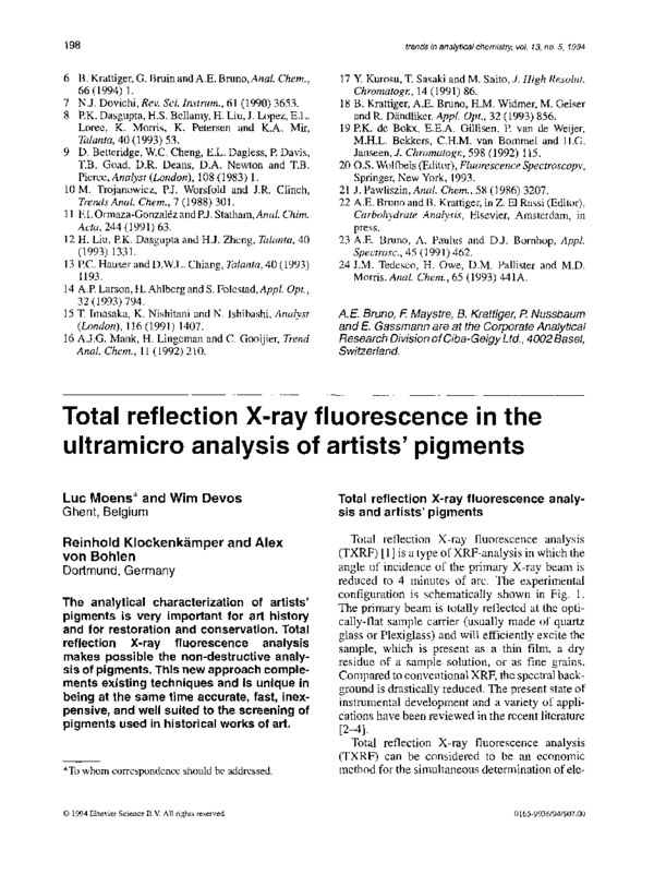 (PDF) Total reflection X-ray fluorescence in the ultramicro analysis of artists' pigments
