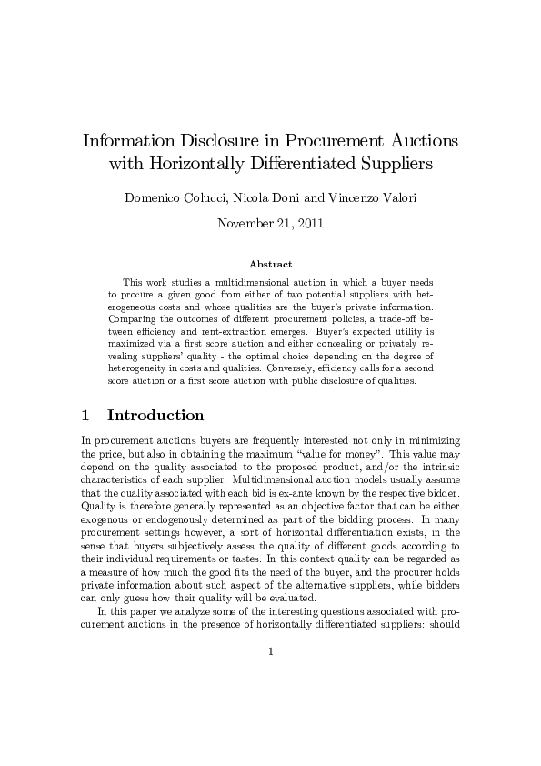 (PDF) Information Disclosure in Procurement Auctions with Horizontally ...