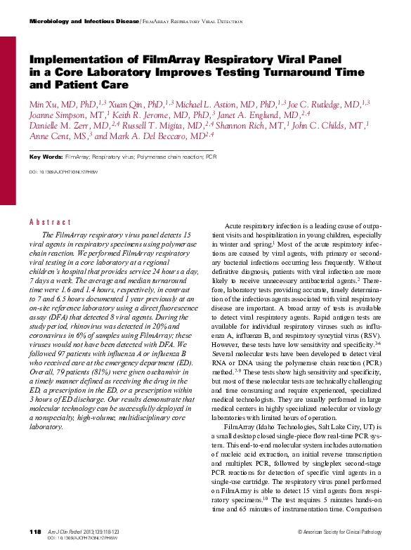 (PDF) Implementation of FilmArray Respiratory Viral Panel in a Core ...
