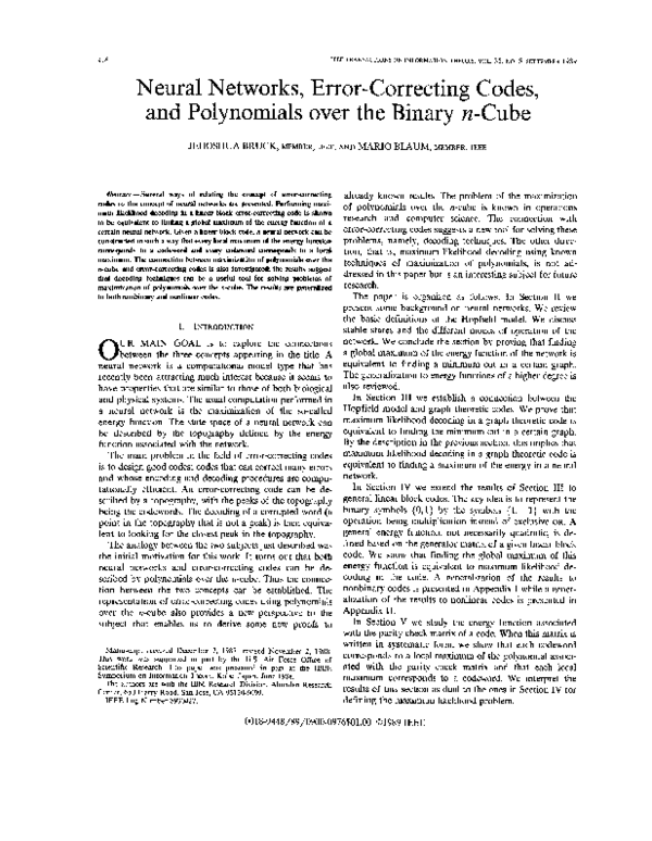 Pdf Neural Networks Error Correcting Codes And Polynomials Over The Binary N Cube