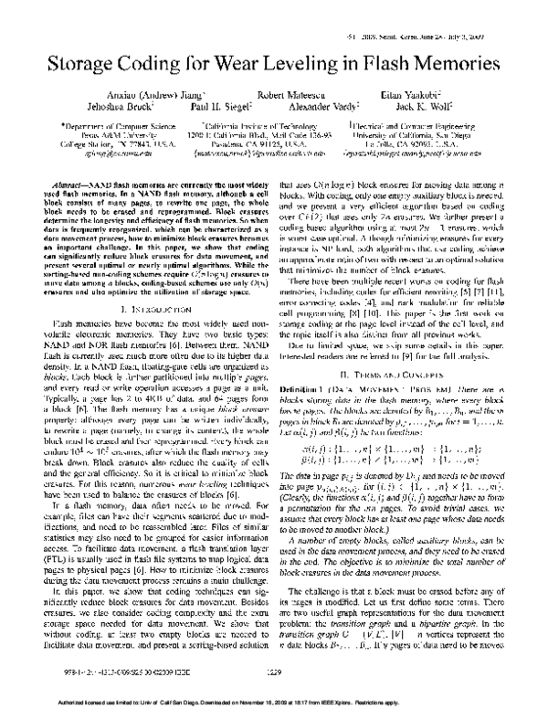 (PDF) Storage coding for wear leveling in flash memories