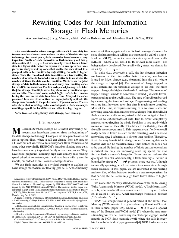 (PDF) Rewriting codes for joint information storage in flash memories