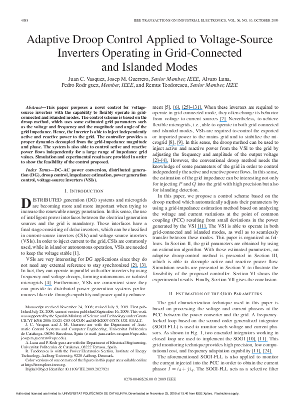 Pdf Adaptive Droop Control Applied To Voltage Source Inverters Operating In Grid Connected And