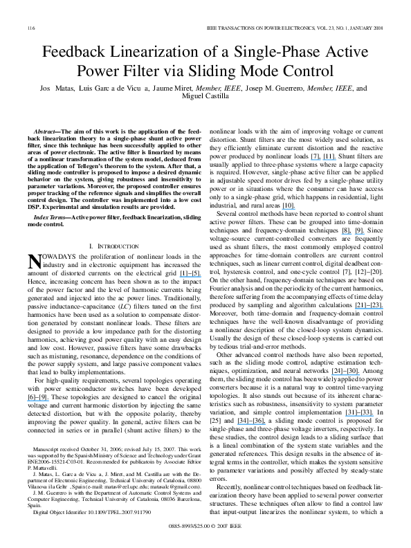 (PDF) Feedback Linearization of a Single-Phase Active Power Filter via Sliding Mode Control