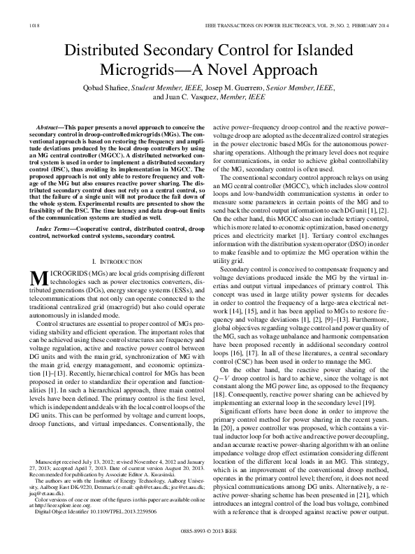 (PDF) Distributed Secondary Control for Islanded Microgrids—A Novel Approach