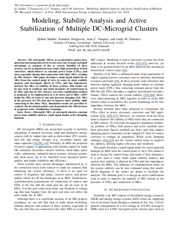 (PDF) Modeling, stability analysis and active stabilization of multiple DC-microgrid clusters