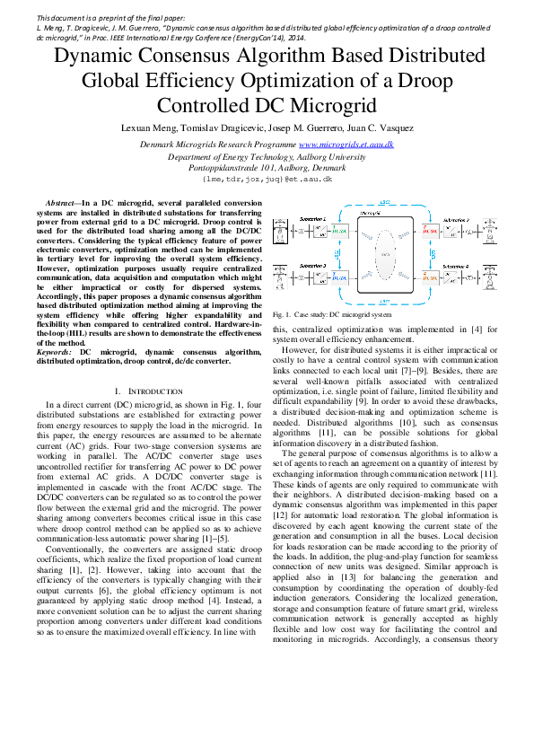 Pdf Dynamic Consensus Algorithm Based Distributed Global Efficiency Optimization Of A Droop