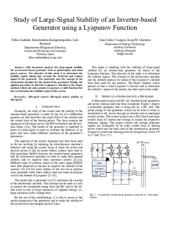 (PDF) Study of large-signal stability of an inverter-based generator using a Lyapunov function