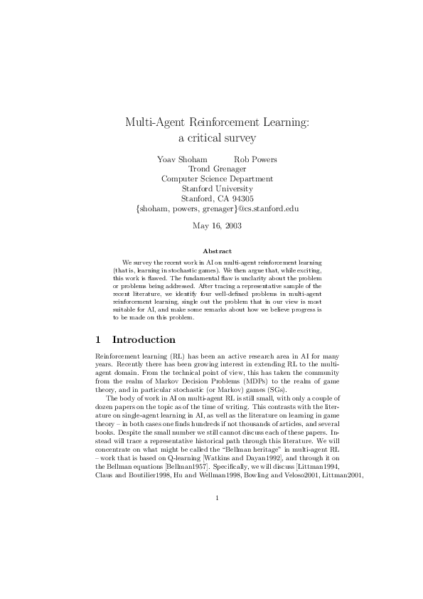 (PDF) Multi-agent reinforcement learning: a critical survey