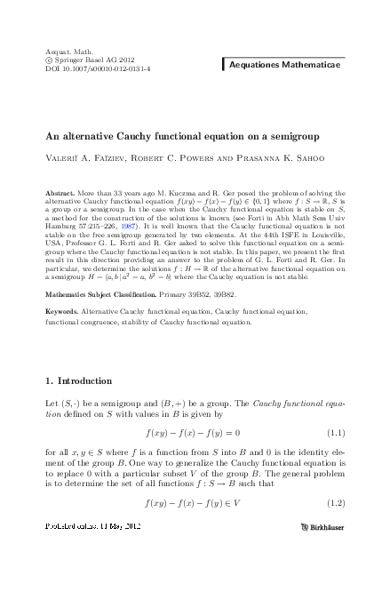 (PDF) An alternative Cauchy functional equation on a semigroup