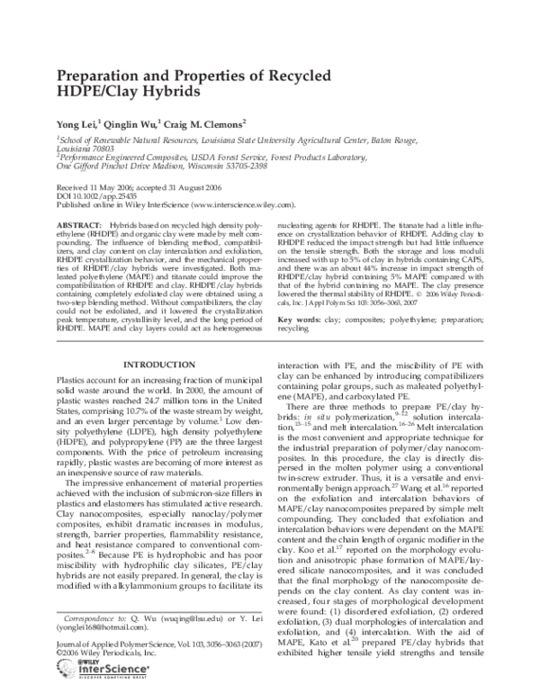 (PDF) Preparation and properties of recycled HDPE/clay hybrids