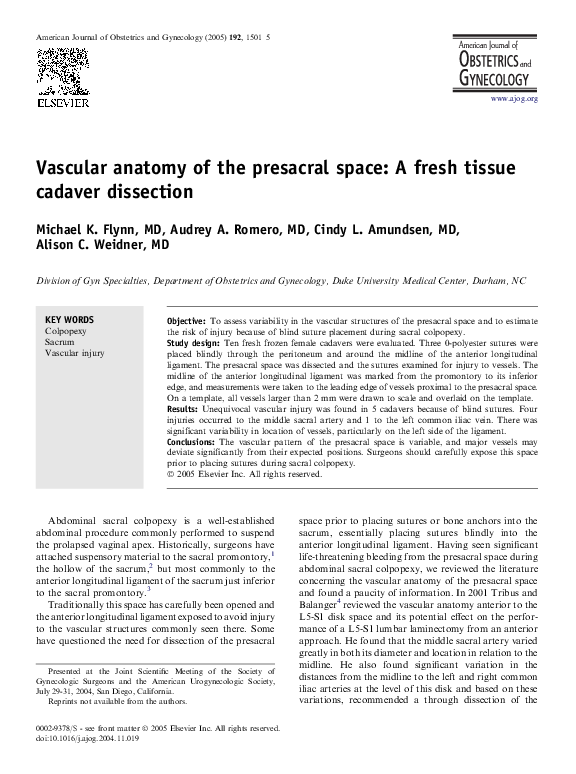 (PDF) Vascular anatomy of the presacral space: A fresh tissue cadaver ...