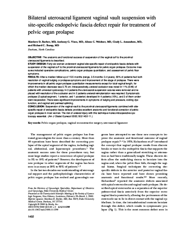 Pdf Bilateral Uterosacral Ligament Vaginal Vault Suspension With Site