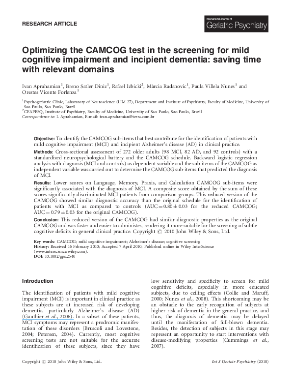 (PDF) Optimizing the CAMCOG test in the screening for mild cognitive ...