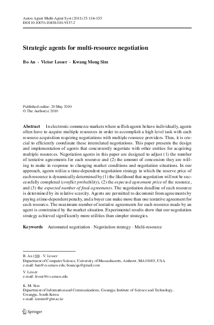 (PDF) Strategic agents for multi-resource negotiation