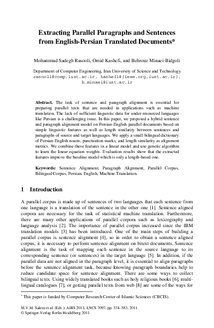 (PDF) Extracting Parallel Paragraphs and Sentences from English-Persian Translated Documents