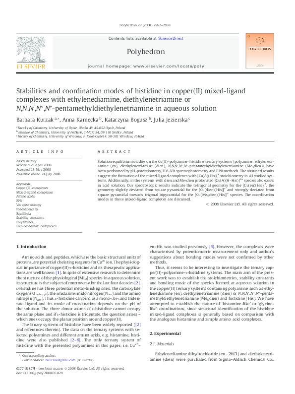 (PDF) Stabilities and coordination modes of histidine in copper(II ...