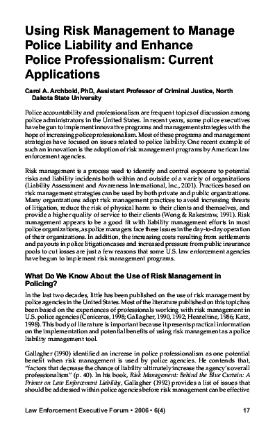(PDF) Using risk management to manage police liability and enhance ...