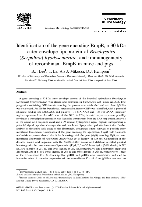 (PDF) Identification of the gene encoding BmpB, a 30 kDa outer envelope ...