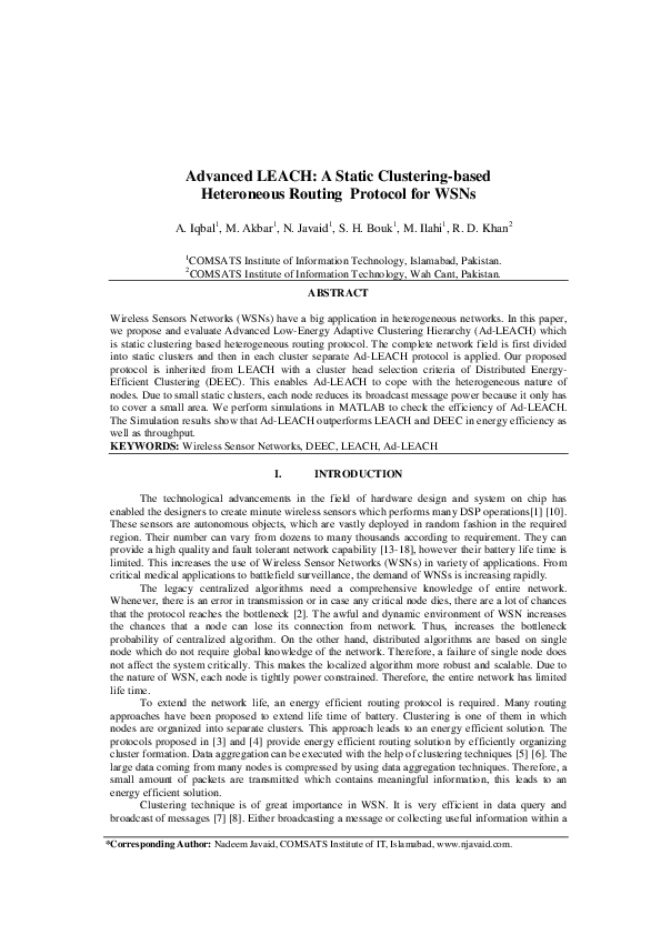 Pdf Advanced Leach A Static Clustering Based Heteroneous Routing Protocol For Wsns