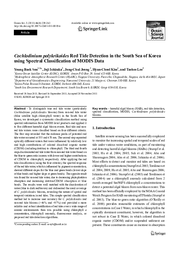 (PDF) Cochlodinium polykrikoides red tide detection in the South Sea of Korea using spectral ...
