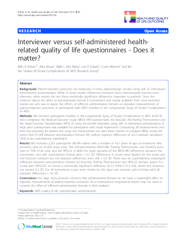 (PDF) Interviewer versus self-administered health-related quality of life questionnaires - Does ...