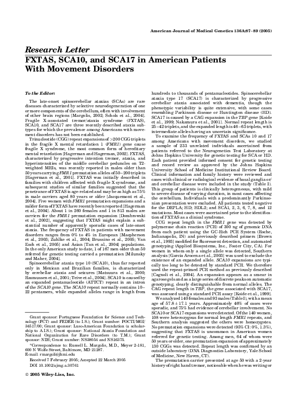 (PDF) FXTAS, SCA10, and SCA17 in American patients with movement disorders