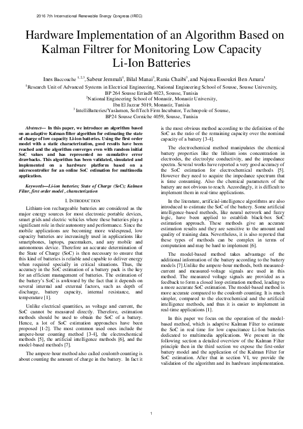 Pdf Hardware Implementation Of An Algorithm Based On Kalman Filtrer For Monitoring Low