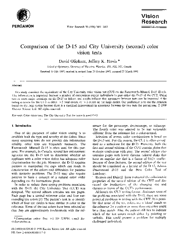 (PDF) Comparison of the D-15 and City University (second) color vision ...