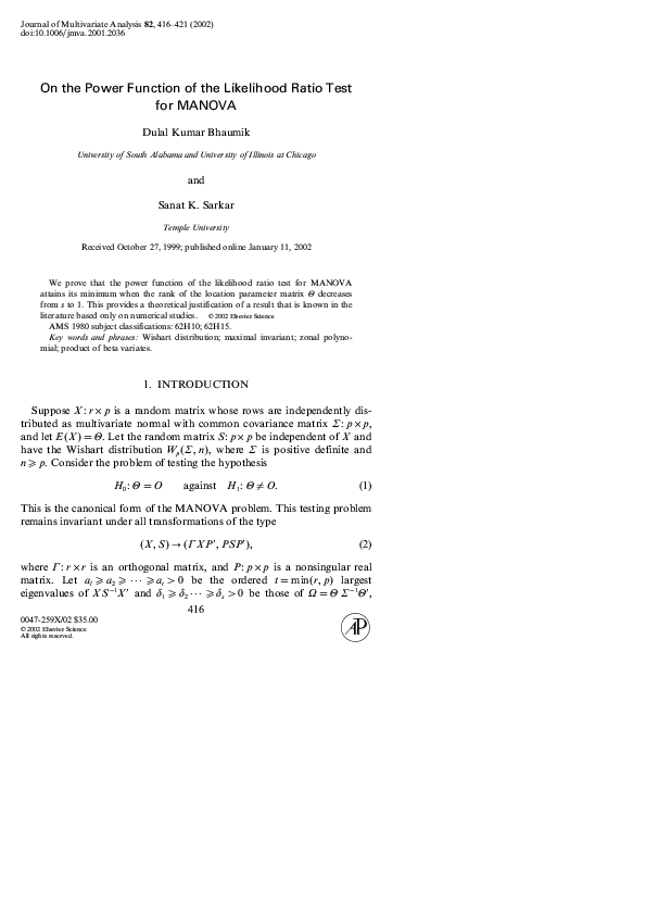 (PDF) On the Power Function of the Likelihood Ratio Test for MANOVA