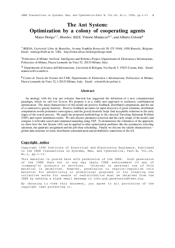 (PDF) Ant system: optimization by a colony of cooperating agents