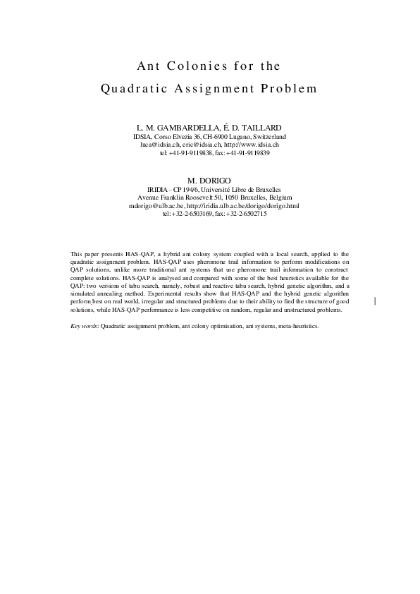 (PDF) Ant colonies for the quadratic assignment problem