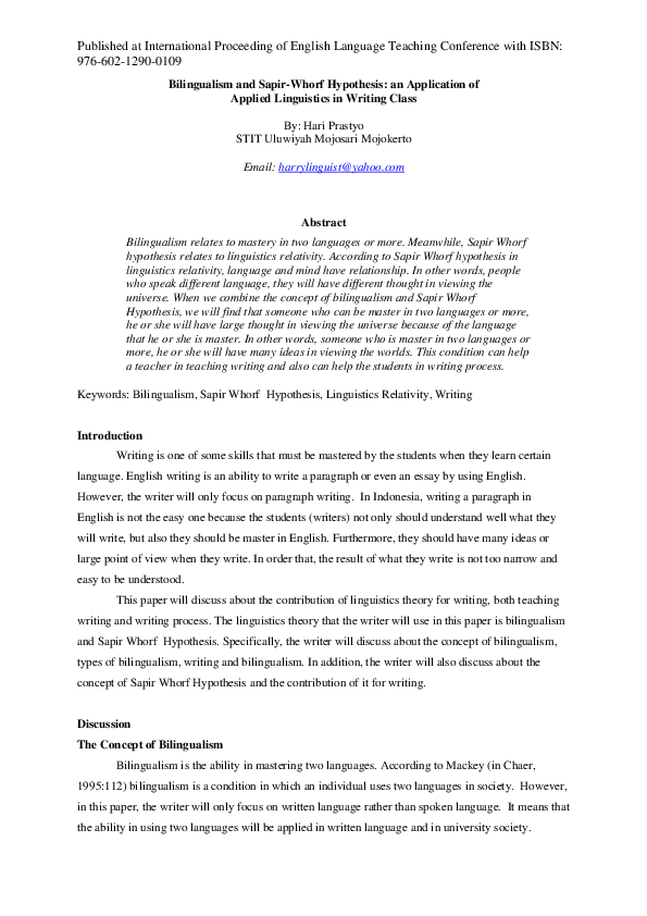 (PDF) Bilingualism and Sapir-Whorf Hypothesis: an implementation of ...