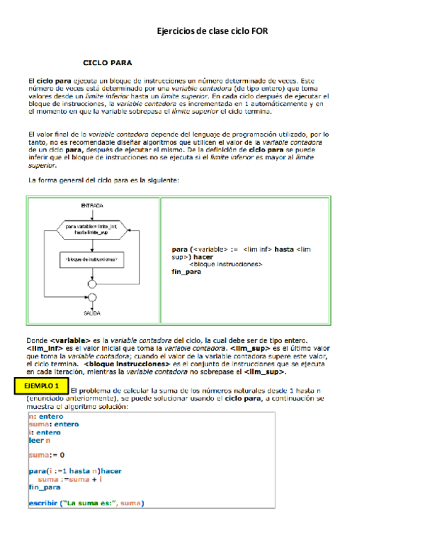 (PDF) Ejercicios de clase ciclo FOR EJEMPLO 1
