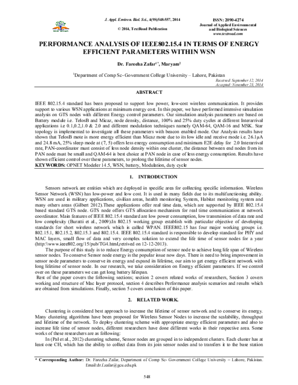 (PDF) PERFORMANCE ANALYSIS OF IEEE802.15.4 IN TERMS OF ENERGY EFFICIENT PARAMETERS WITHIN WSN
