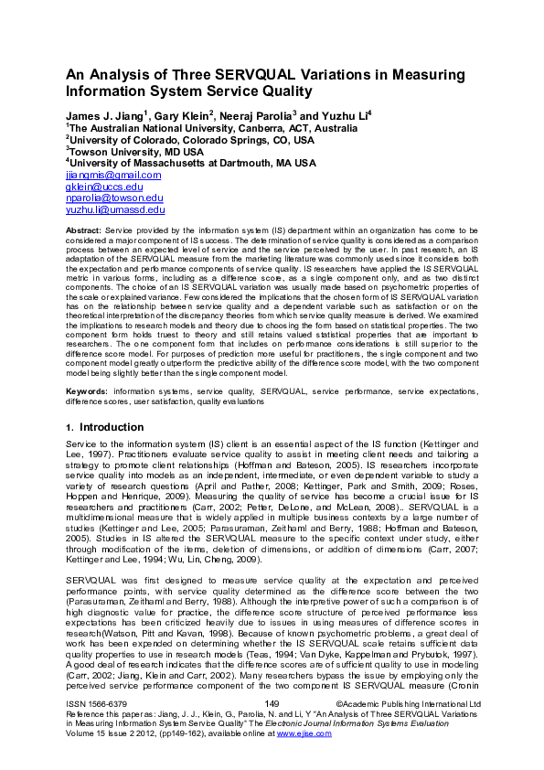 (PDF) An Analysis of Three SERVQUAL Variations in Measuring Information System Service Quality