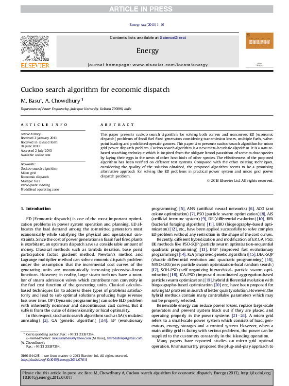 (PDF) Cuckoo search algorithm for economic dispatch